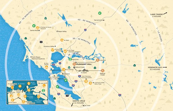 Bay Area Map for Pleasant Hill | Illustrated Tourist Map with Driving ...