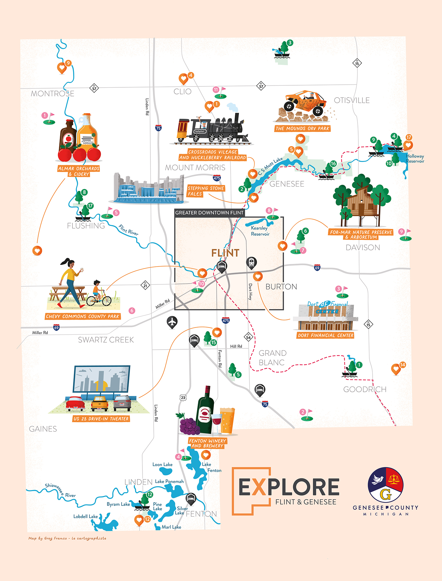 Illustrated Tourist Map of Flint & Genesee County, Michigan | 2025 ...